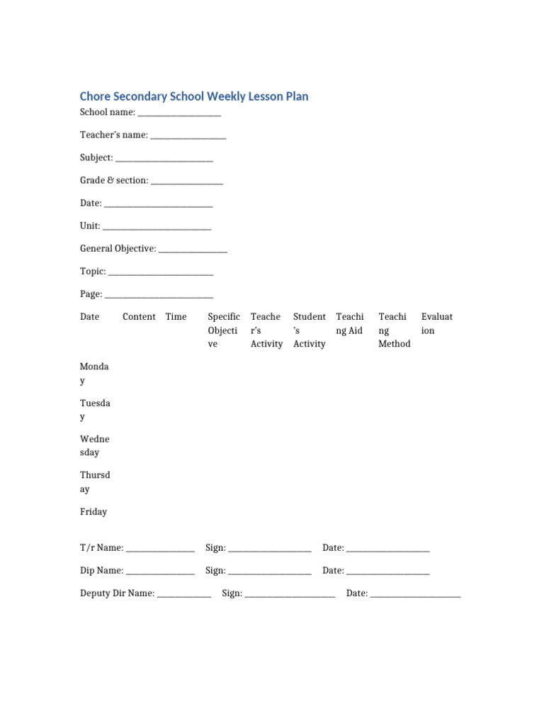 Chore_Secondary_School_Weekly_Lesson_Plan | PDF