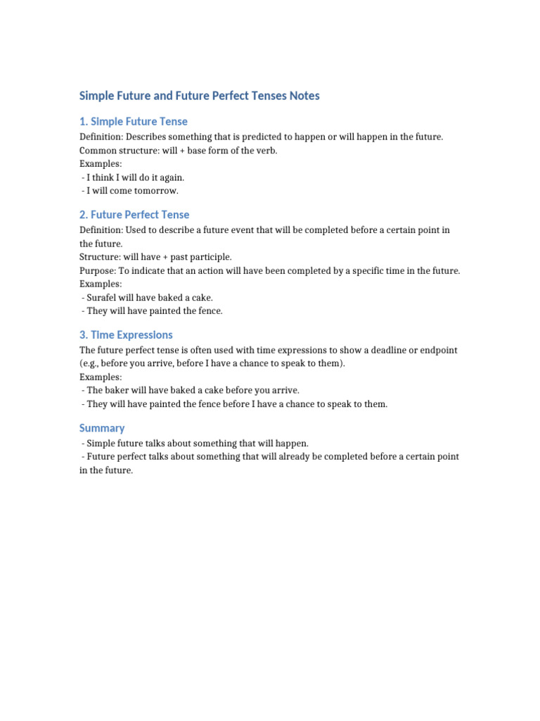Simple Future and Future Perfect Notes | PDF