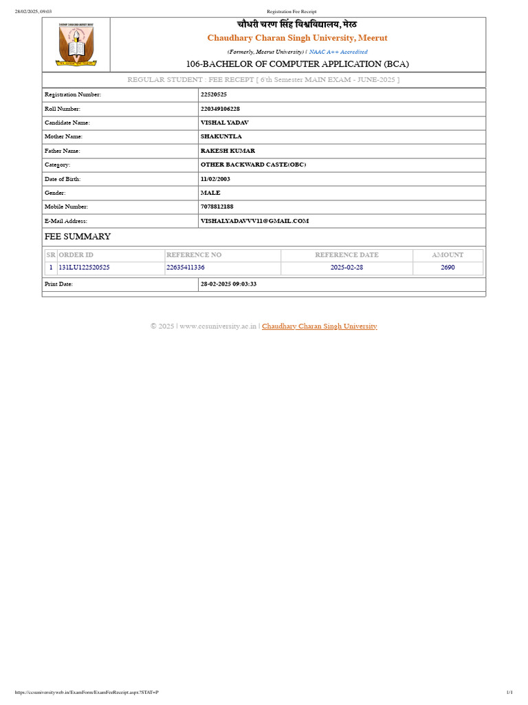 Registration Fee Receipt - BCA 6th Sem | PDF