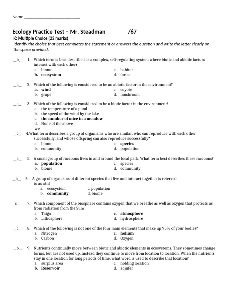 Ecology Practice Test Steadman Answers | PDF | Ecosystem | Foods