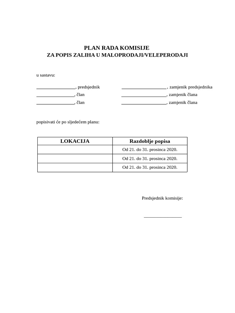 Plan Rada Komisije Za Popis Zaliha U Malop1. | PDF