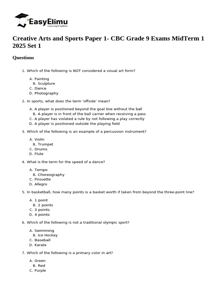 Creative Arts and Sports Paper 1 - CBC Grade 9 Exams MidTerm 1 2025 Set 1-3263 | PDF | Dances ...