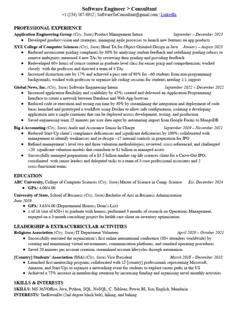 Software Engineer to Consultant Resume - Master's - Bain Resume | PDF ...