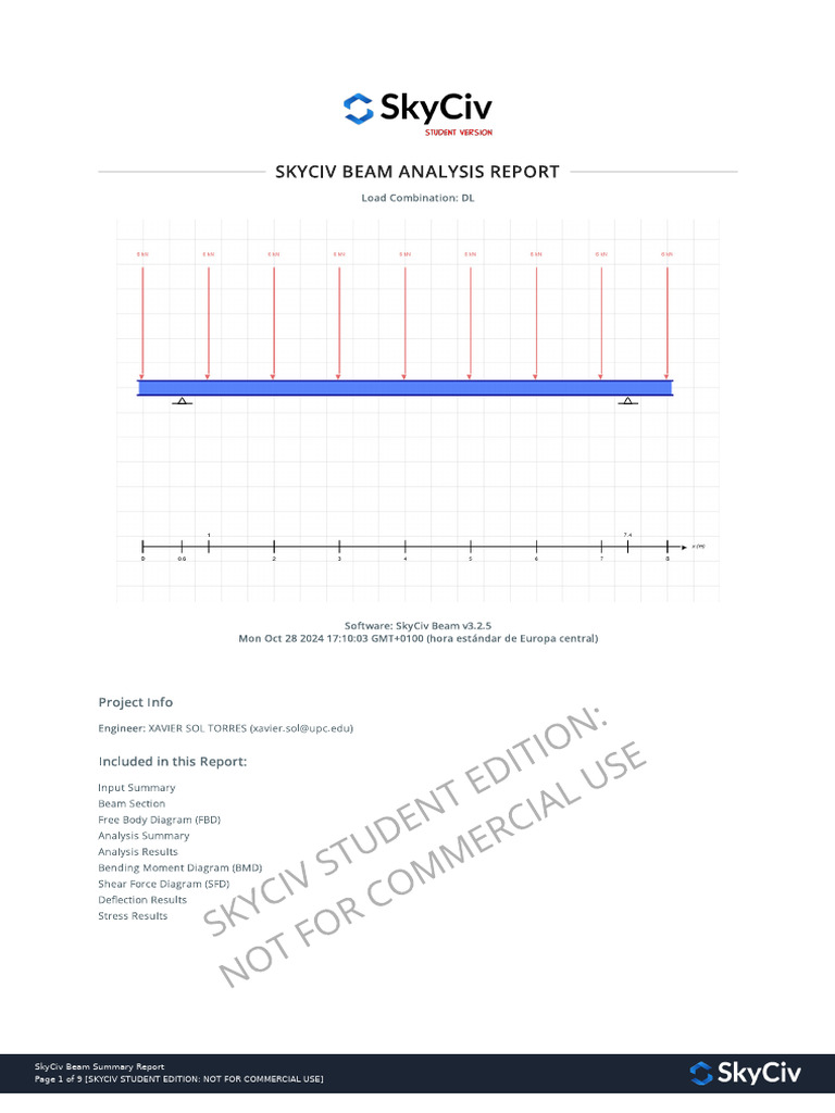 SkyCiv Beam Summary Report_HaoxQvQTX7GvHPL24LLucv1HvvSQPQAY | PDF | Bending | Beam (Structure)