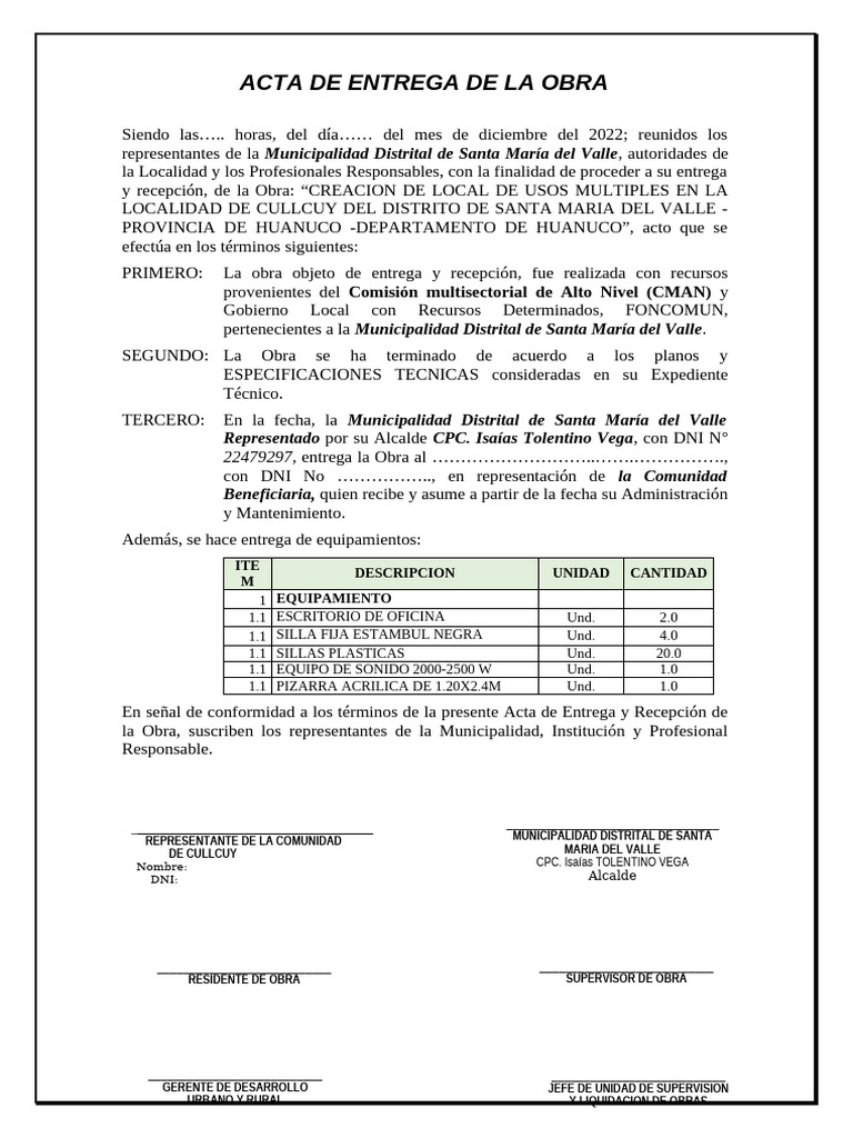 ACTA-DE-ENTREGA DE OBRA | PDF | Gobierno