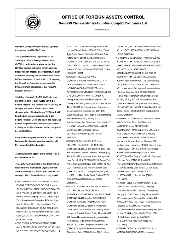 Non-SDN Chinese Military Companies List | PDF | Companies | China