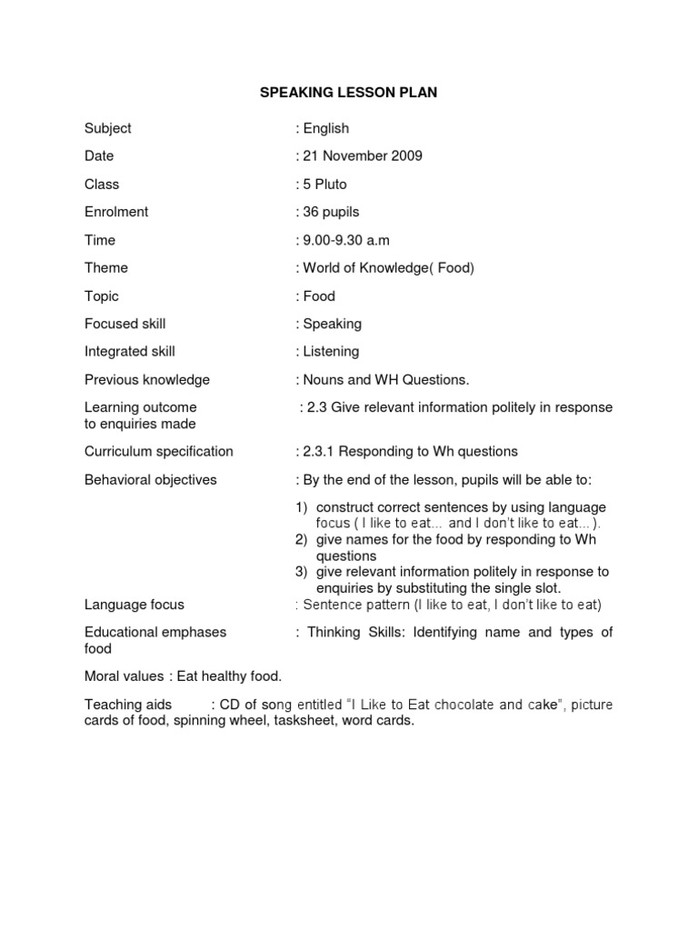 Speaking Lesson Plan on Food | PDF | Lesson Plan | Cognition