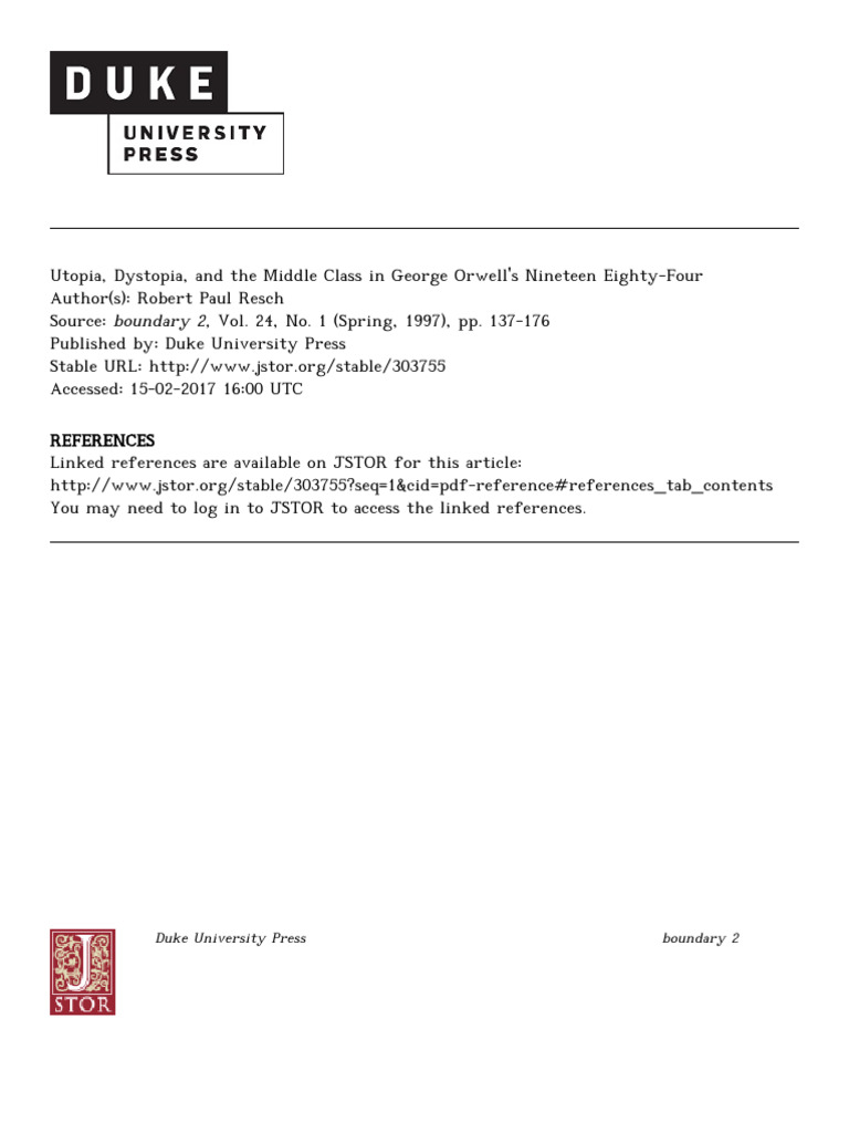 Robert Resch. Dystopia, and the Middle Class in George Orwell's ...