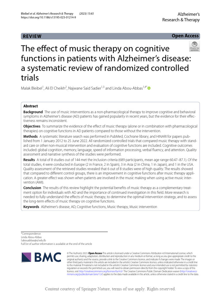 The Effect of Music Therapy On Cognitive Functions | PDF | Alzheimer's ...