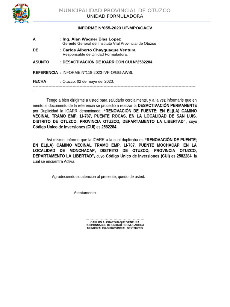 Informe 55 A Ivp Desactivación de Ioarr 2582284 | PDF