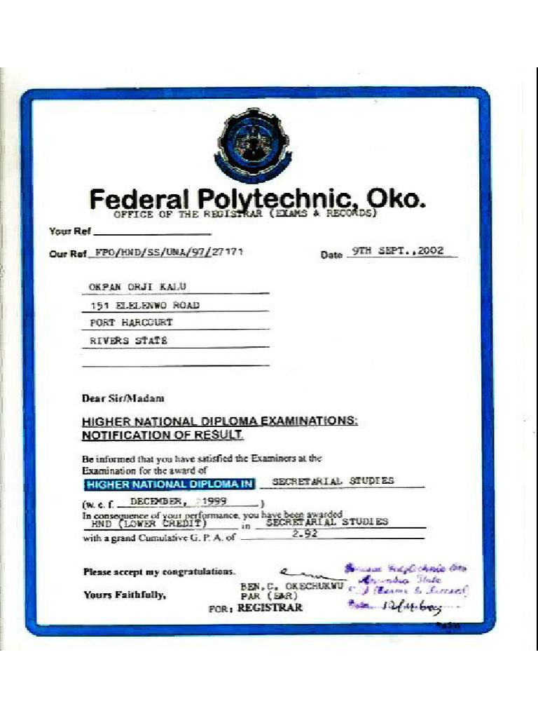 Federal Polytechnic Oko Result | PDF