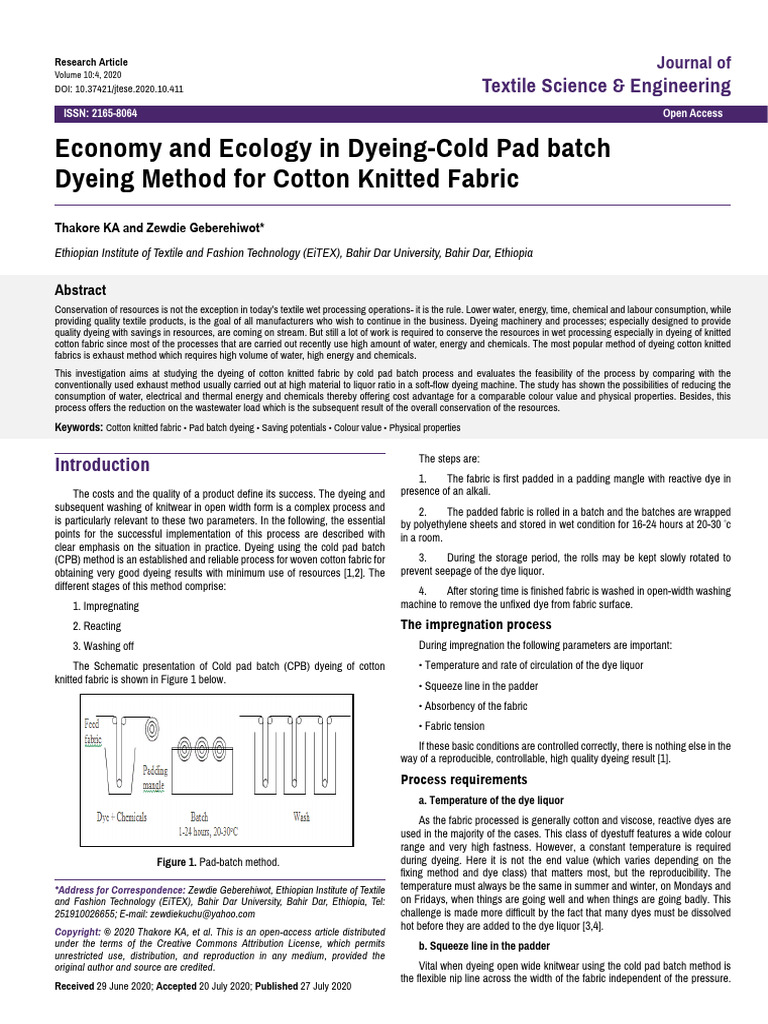 Cold Pad Batch Dyeing for Cotton Fabrics | PDF | Dyeing | Textiles