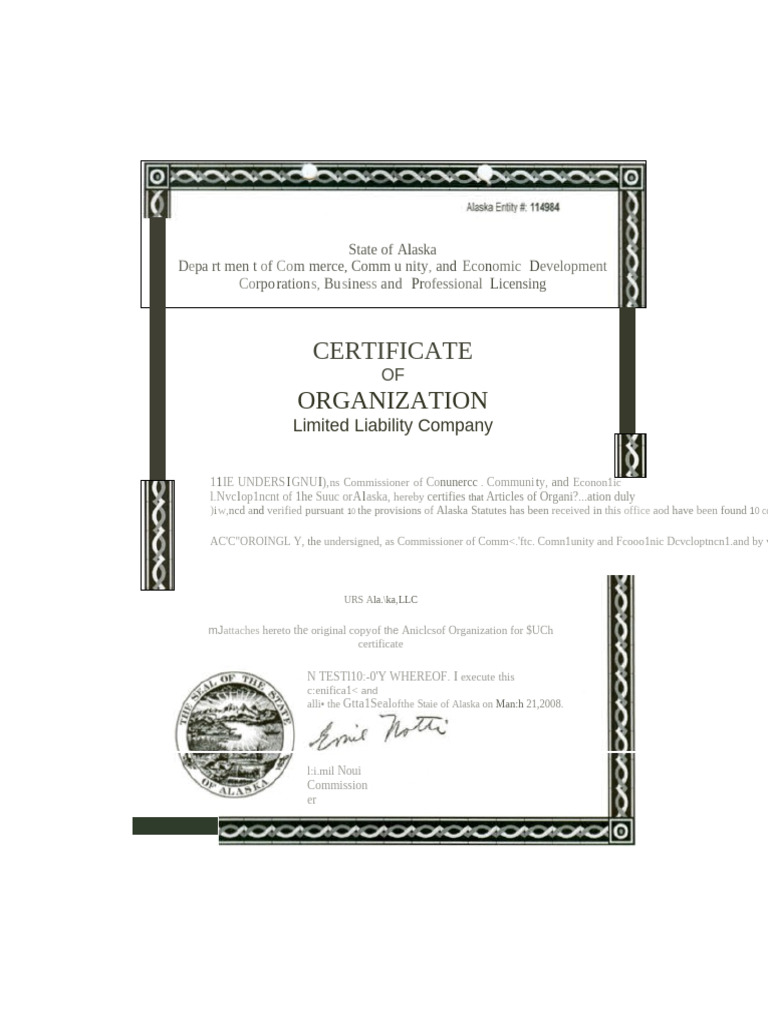 Certificate of Organization for LLC in Alaska | PDF
