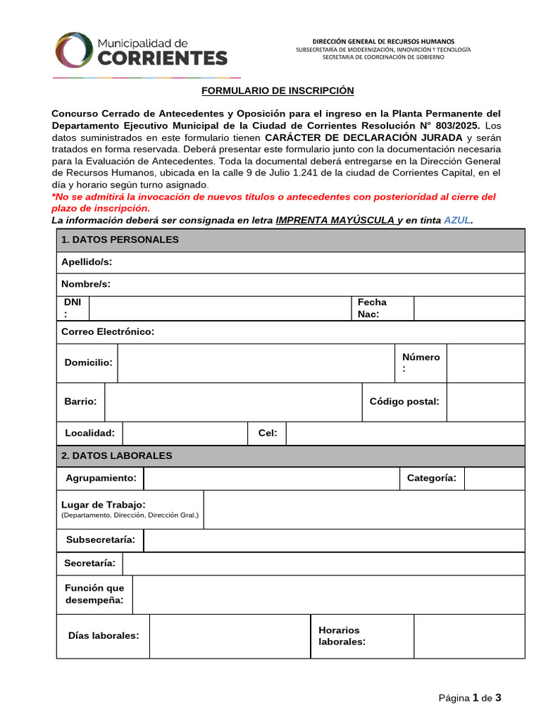 1 Formulario de Inscripción Concurso Pase A Planta | PDF