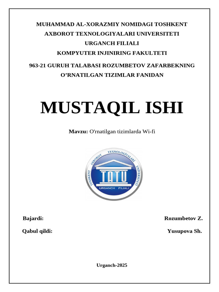 Rozumbetov Zafarbek. O'Rnatilgan Tizimlar Nustaqil Ishi | PDF