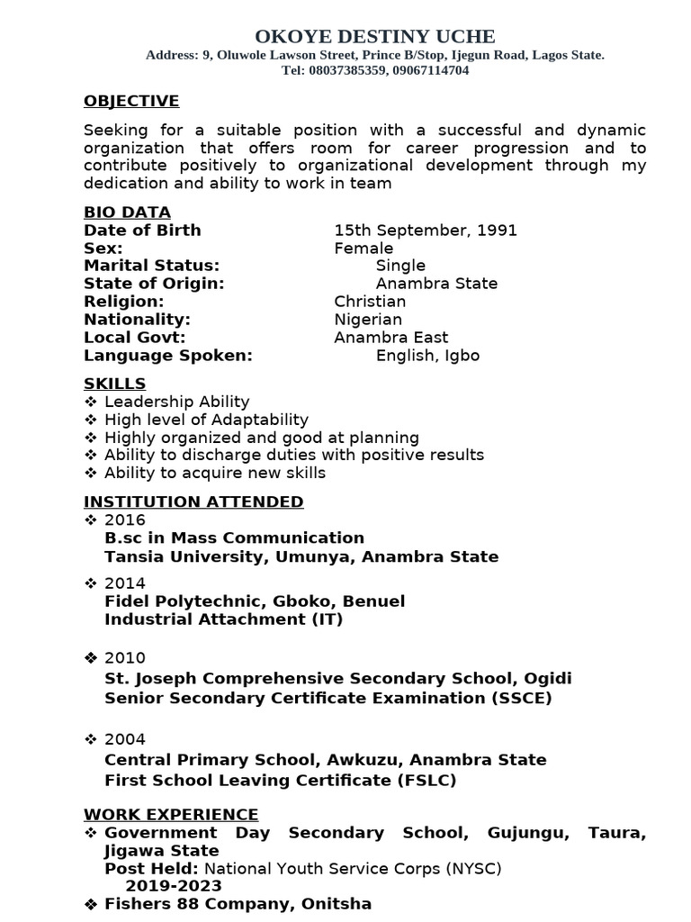 OKOYE DESTINY UCHE CV | PDF