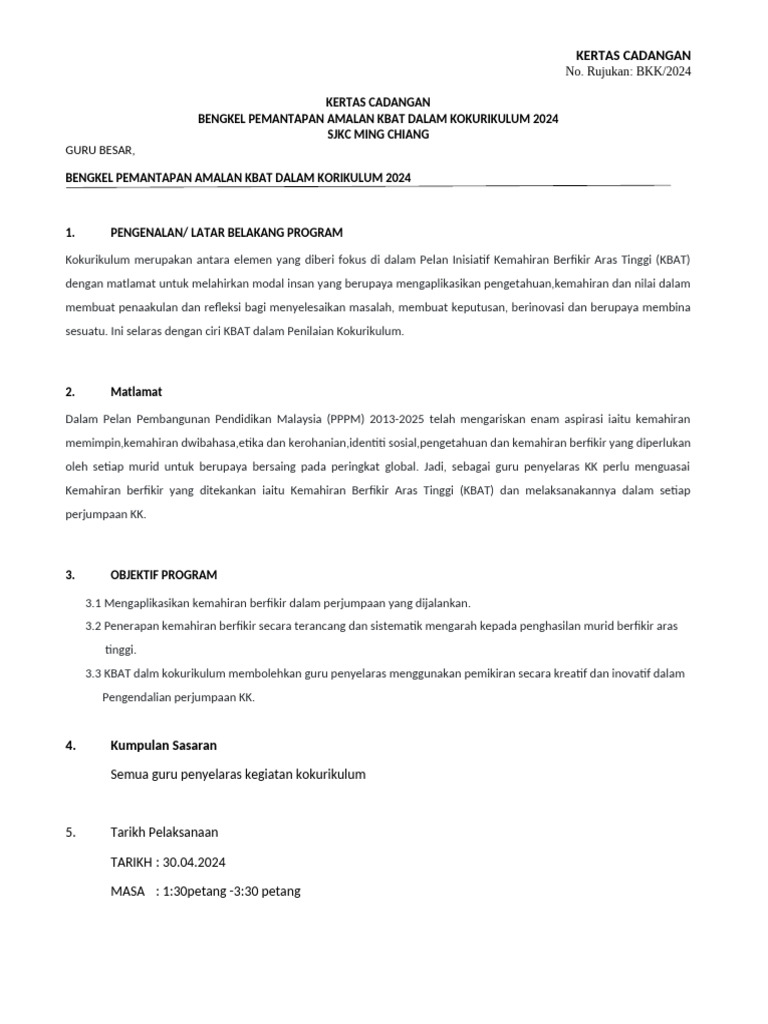 Kertas Cadangan Bengkel Pemantapan Amalan KBAT Dalam KK 2024 | PDF