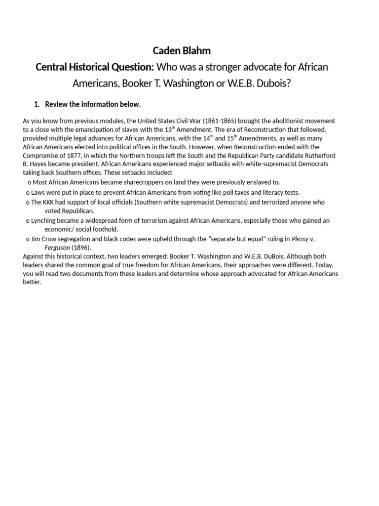 VUS.8d - Washington and Du Bois Student-Caden B | PDF | W. E. B. Du ...