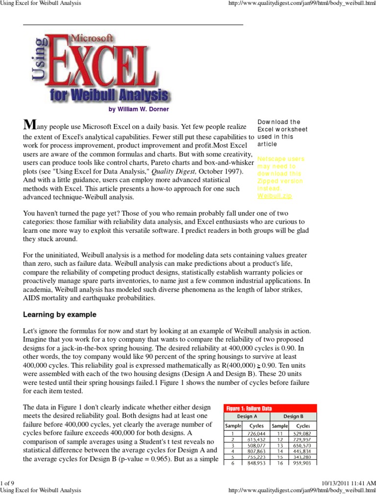 Using Excel For Weibull Analysis Pdf Reliability Engineering