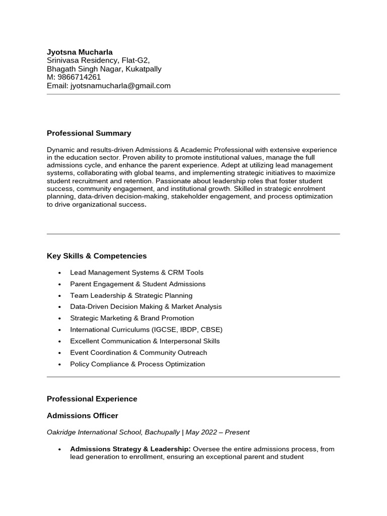 Admissions Officer - Jyotsna - OakridgeBachupally | PDF | Customer Relationship Management ...