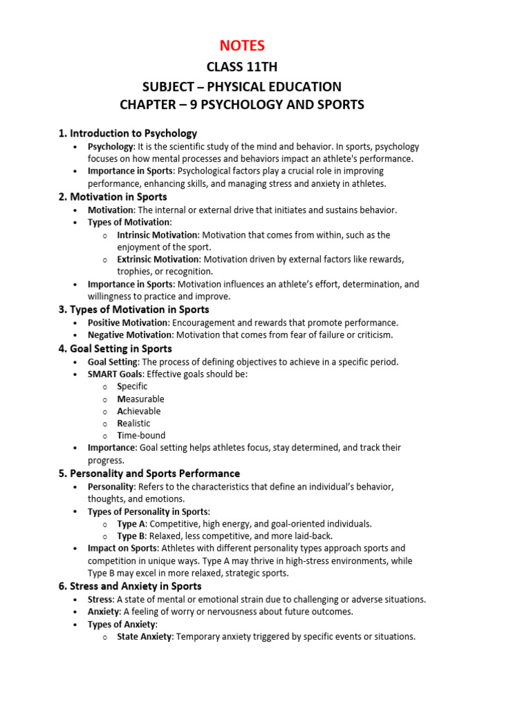 Psychology and Sports: Class 11 Notes | PDF | Motivational | Motivation
