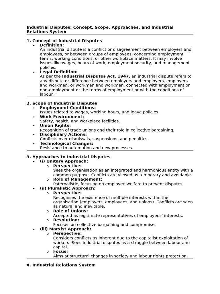 Industrial Disputes Concept, Scope, Approaches, Industrial Relations ...