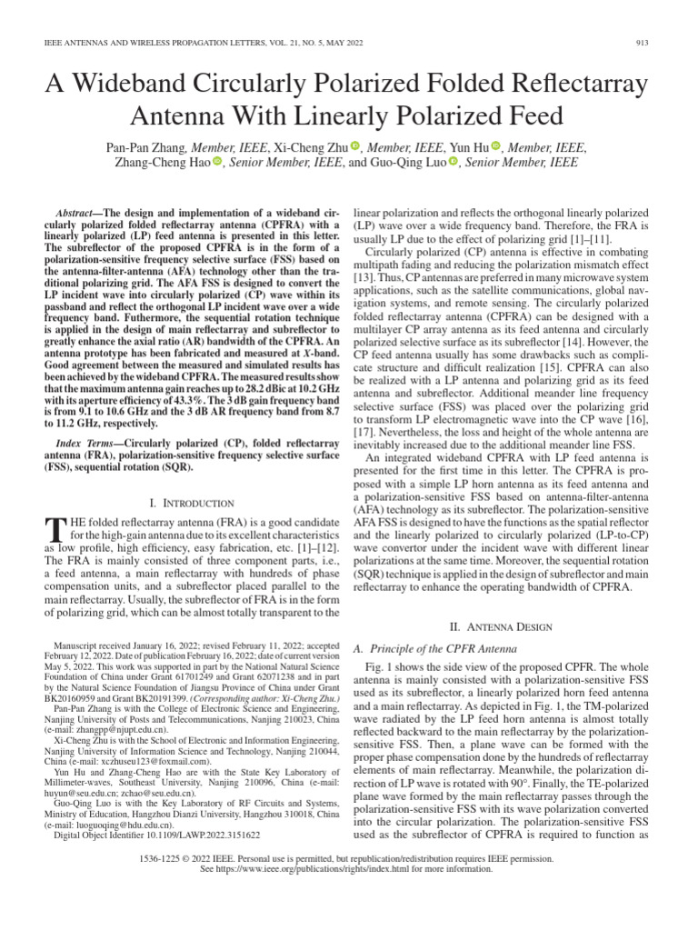 A Wideband Circularly Polarized Folded Reflectarray Antenna With Linearly Polarized Feed | PDF ...