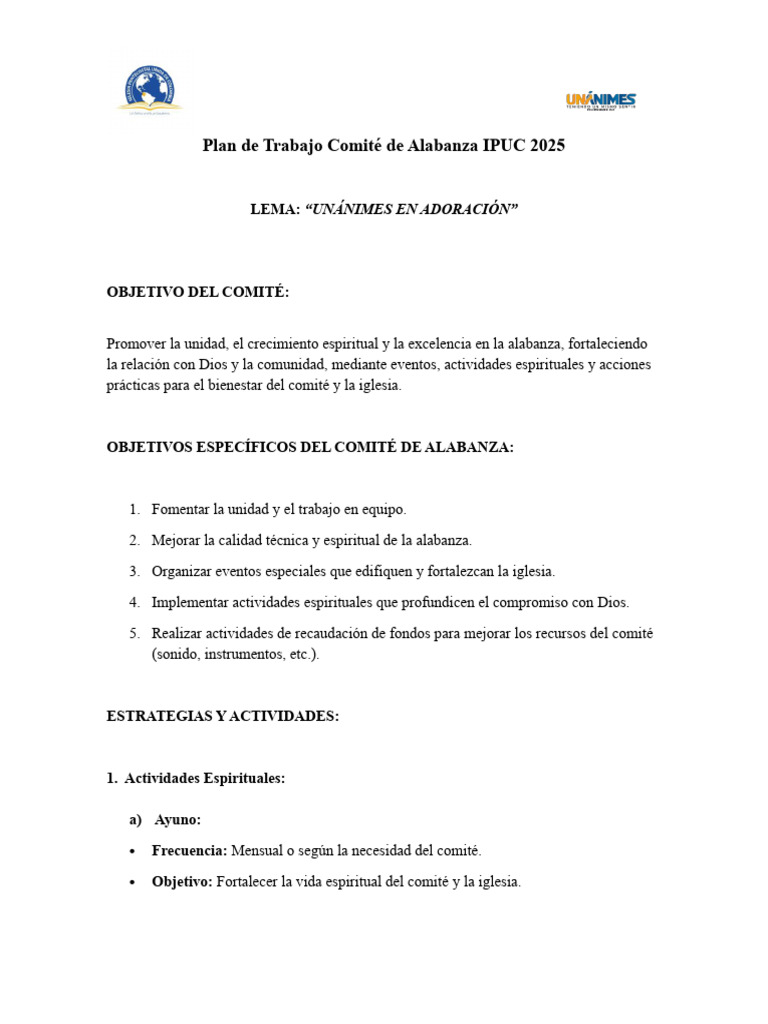 Plan de Trabajo de Alabanza 2025 Ipuc | PDF | Oración