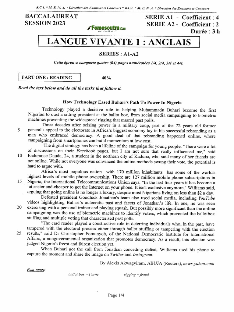 BAC 2023 ANGLAIS LV1 A1 Et A2 LV1 | PDF