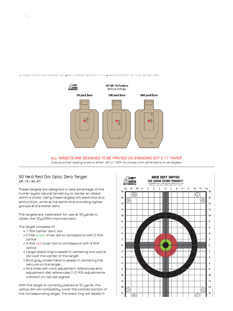 ARMA DYNAMICS - Red Dot Zero Targets | PDF | Rifle | Minute And Second Of Arc