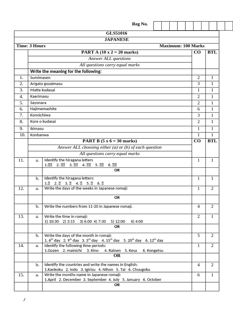Japanese Language Exam GLS51016 | PDF | Languages Of Taiwan | Languages