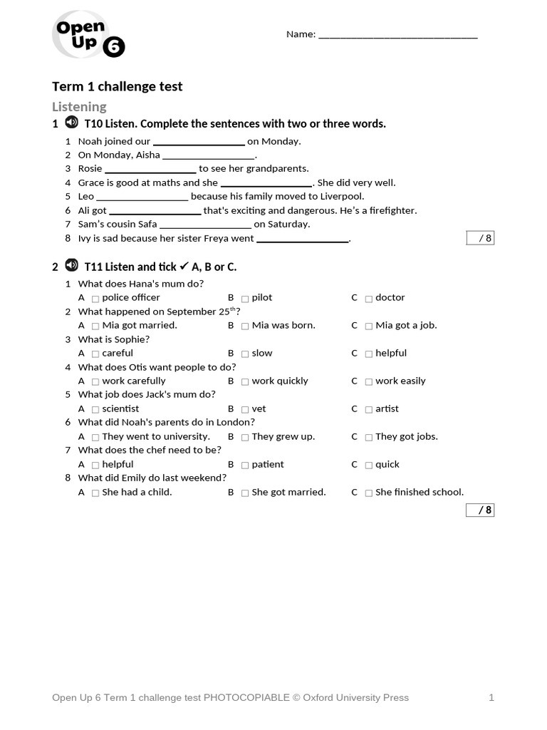 Open Up 6 - EOT1 - Challenge | PDF | Adverb | Linguistic Morphology