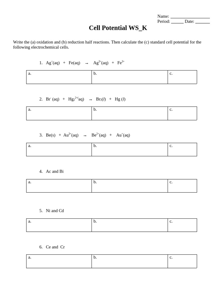 Cell Potentials Worksheet 3 | PDF | Redox | Applied And ...
