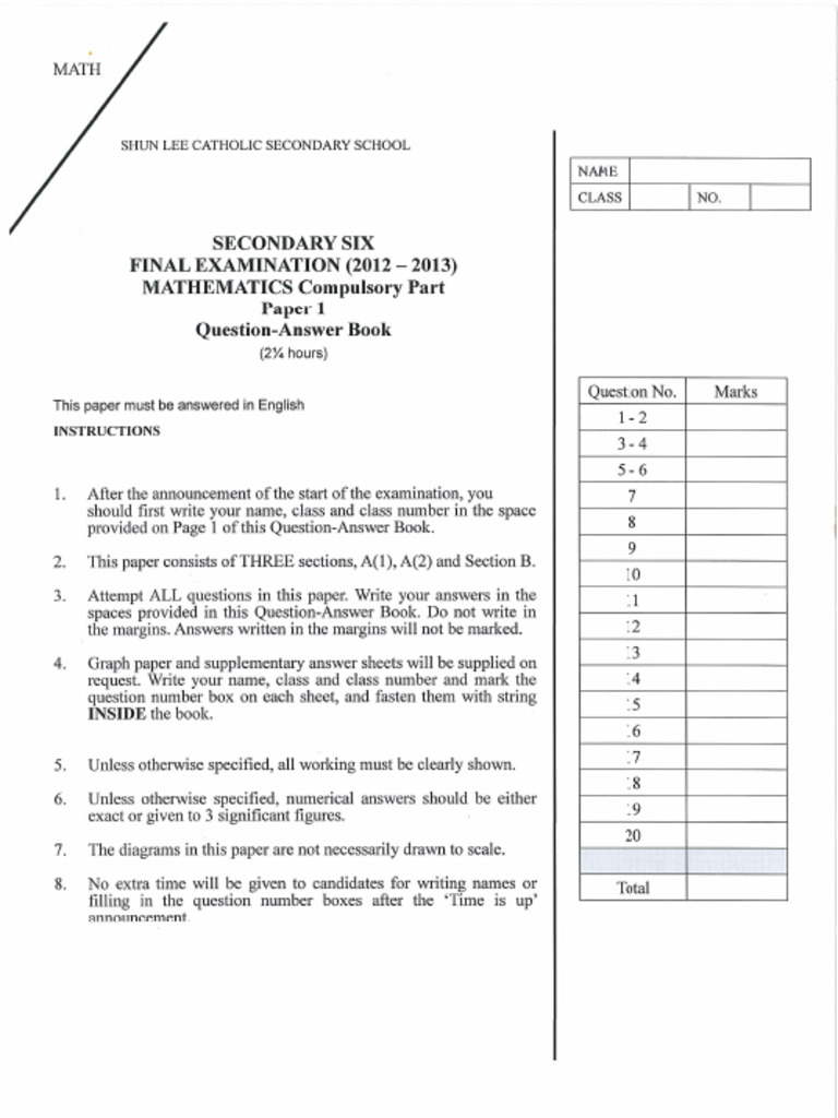 S6 Math Paper 1 Final Exam | PDF