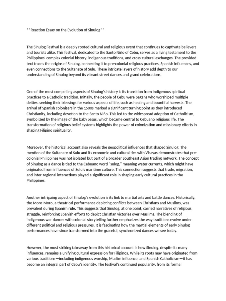 Reaction Essay On The Evolution of Sinulog | PDF | Cebu | Philippines