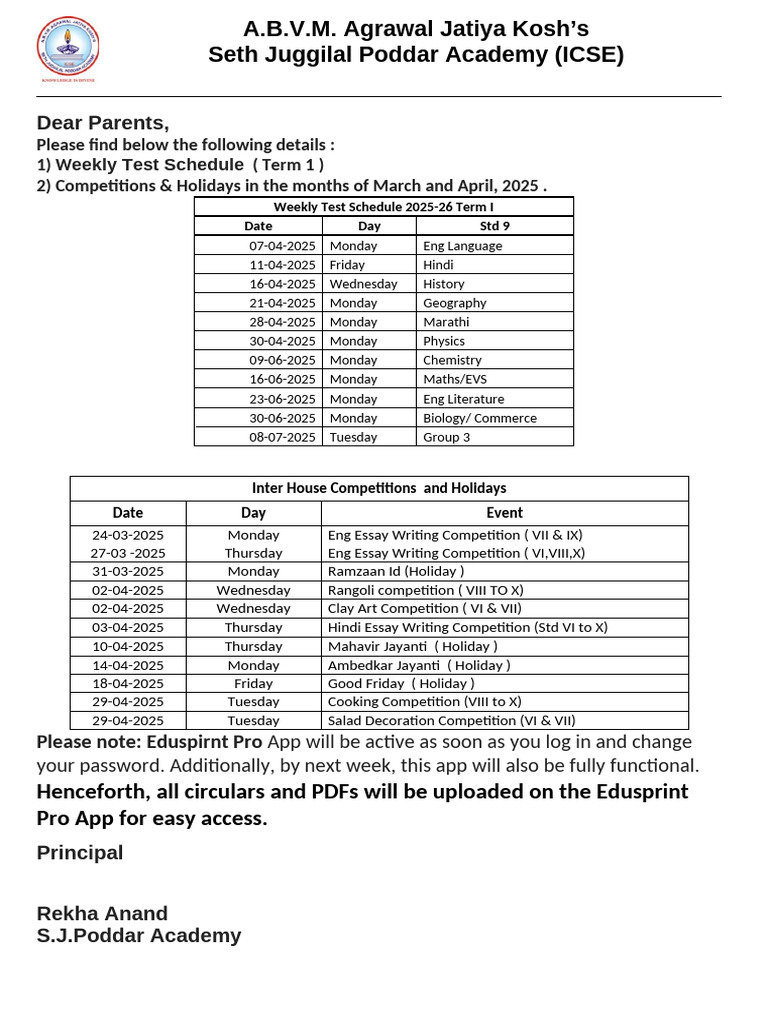 Weekly Schedule Term 1 STD 9 | PDF