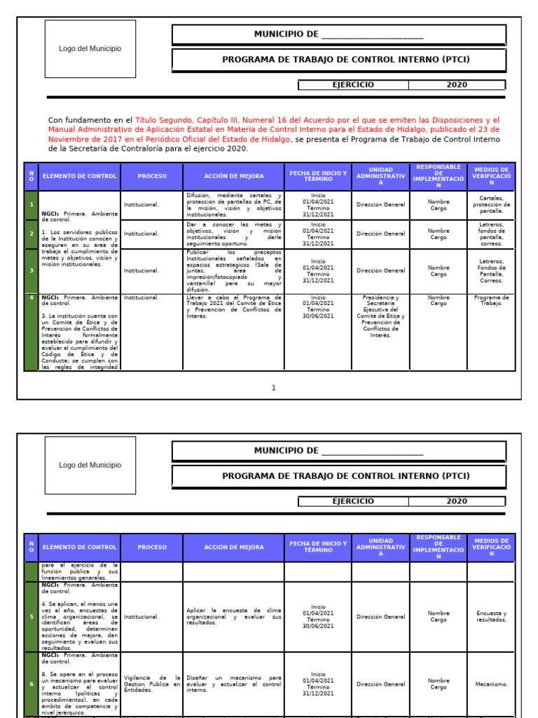 Programa de Trabajo de Control Interno (PTCI) | PDF | Tecnología de ...