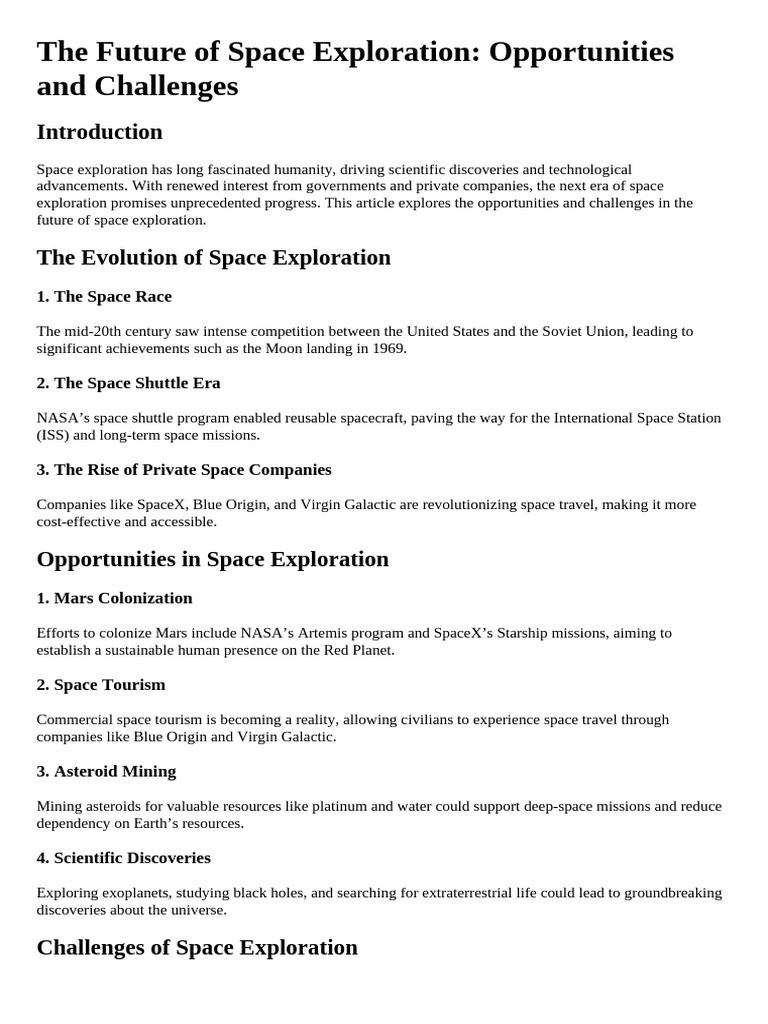 The Future of Space Exploration Opportunities and Challenges | PDF | Space Exploration | Outer Space