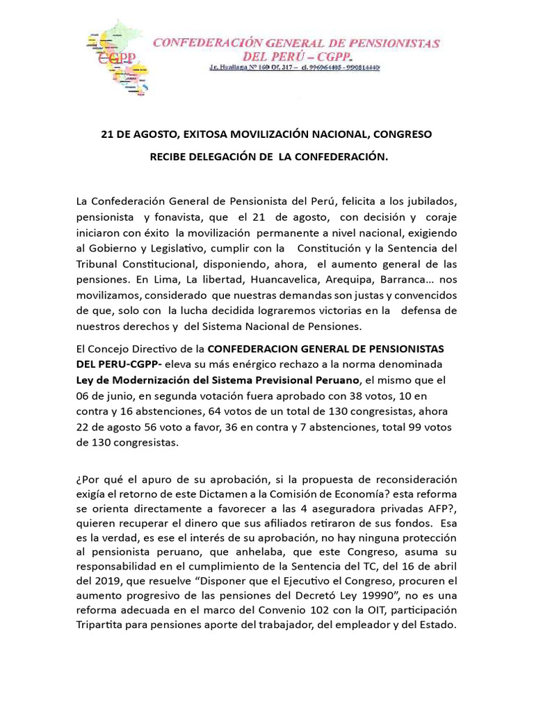 El Concejo Directivo de La CONFEDERACION GENERAL DE PENSIONISTAS DEL ...