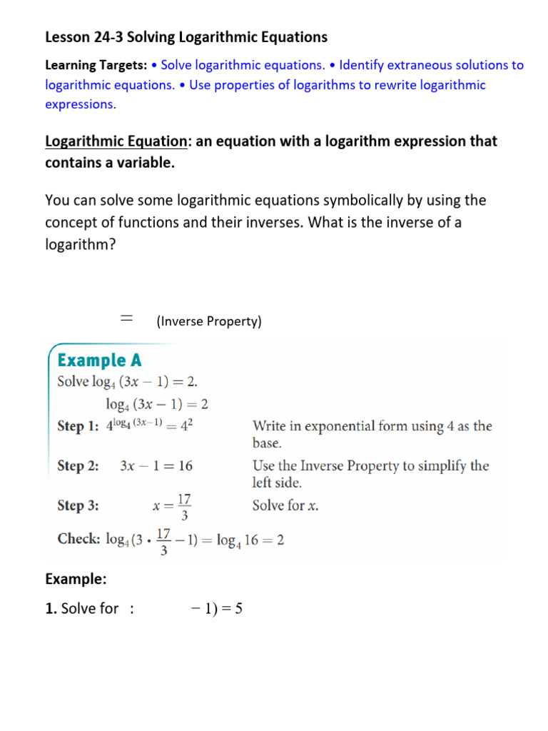 Solving Logarithmic Equations Guide | PDF