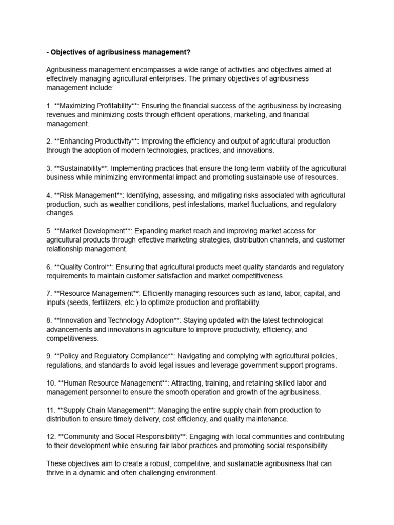 Agribusiness Management Objectives | PDF | Agriculture | Farms
