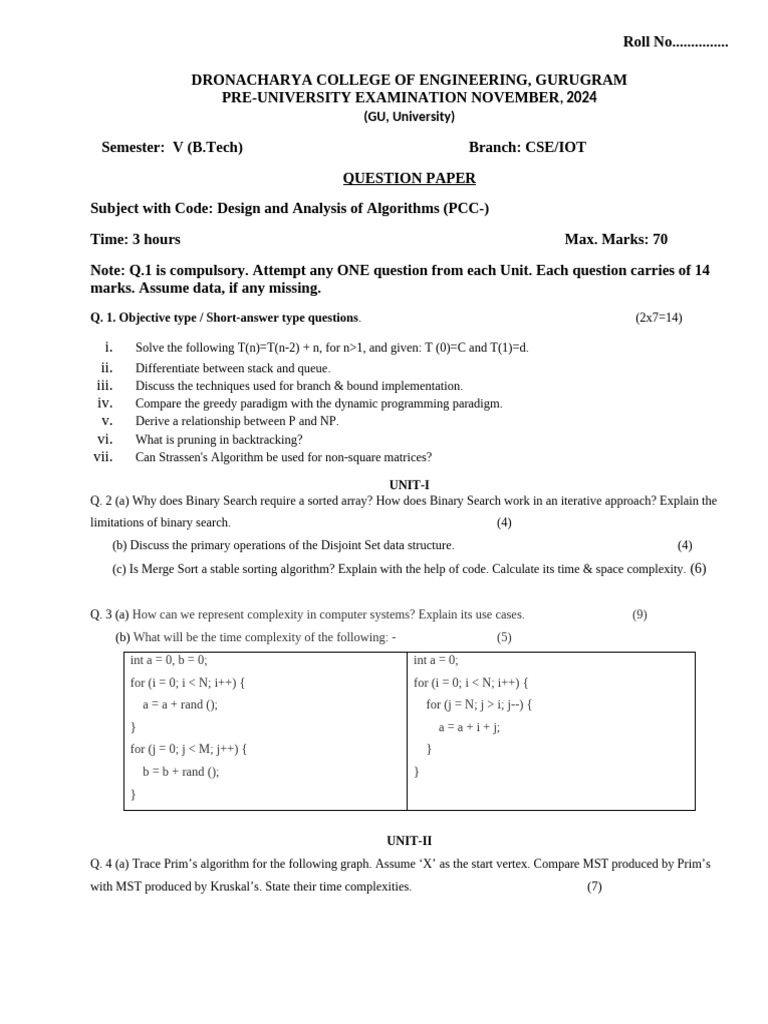 PRE-UNIVERSITY DAA 2024 Set 1 | PDF | Dynamic Programming | Algorithms And Data Structures