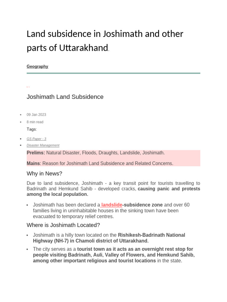 Land subsidence in Joshimath and other parts of Uttarakhand (1) | PDF ...