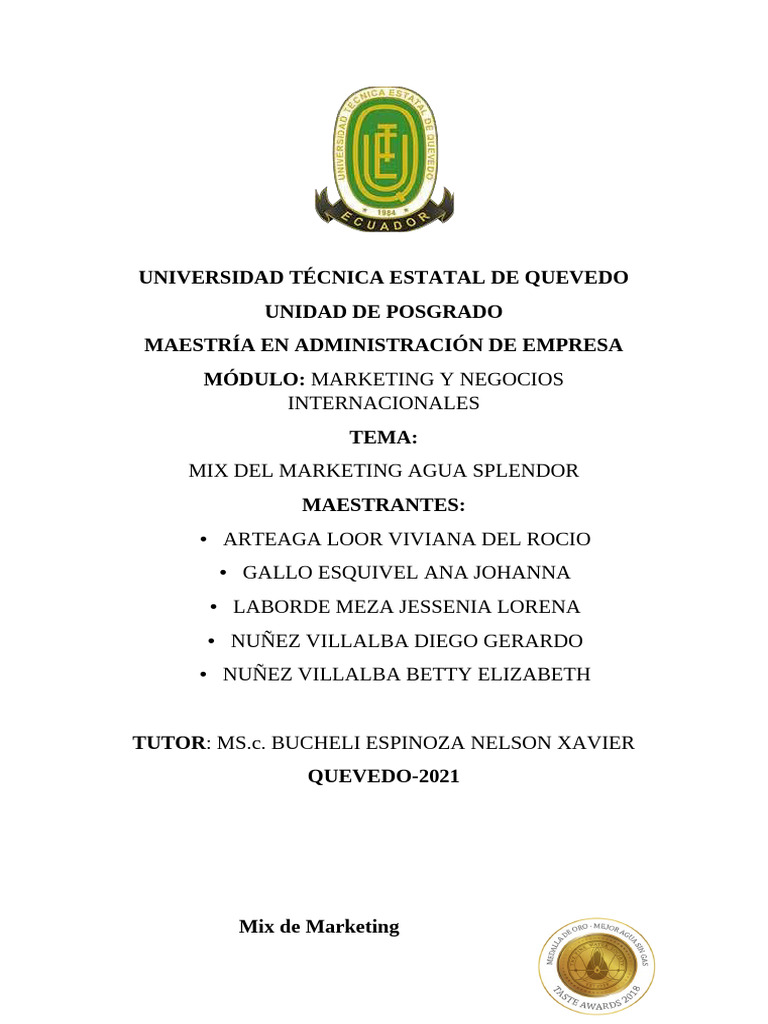 Mix Del Marketing Agua Splendor | PDF | Producto (Negocio) | Agua