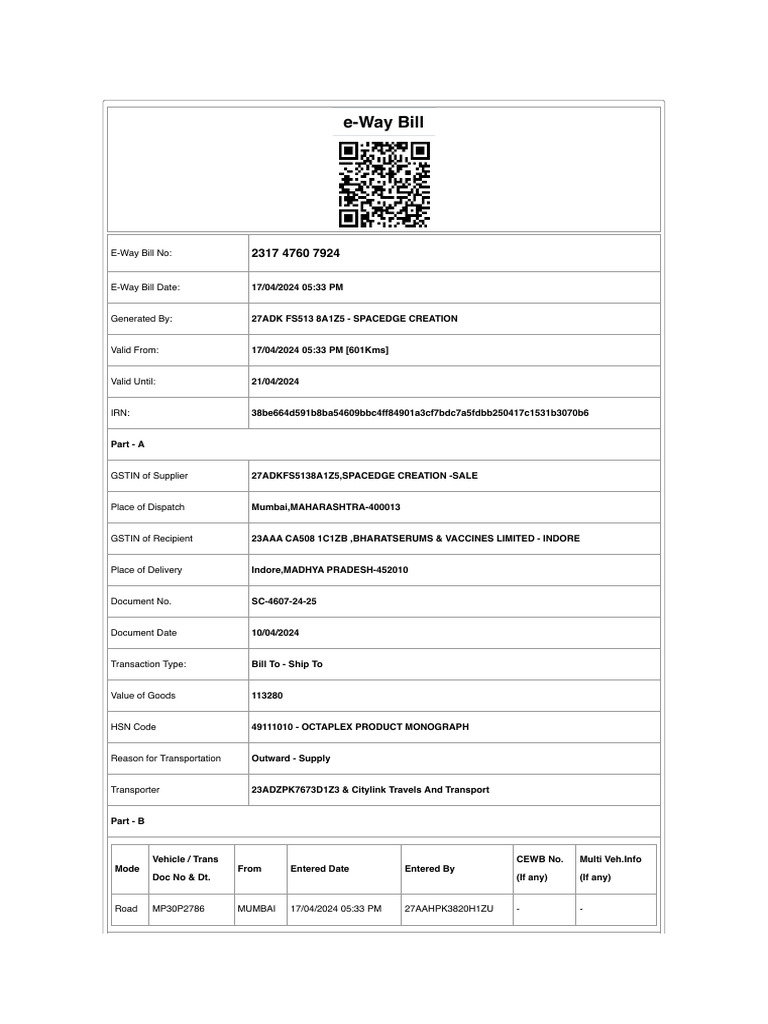 E-Way Bill for SPACEDGE Creation | PDF