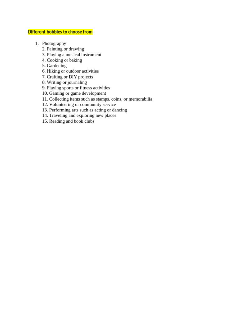 Different Hobbies To Choose From | PDF