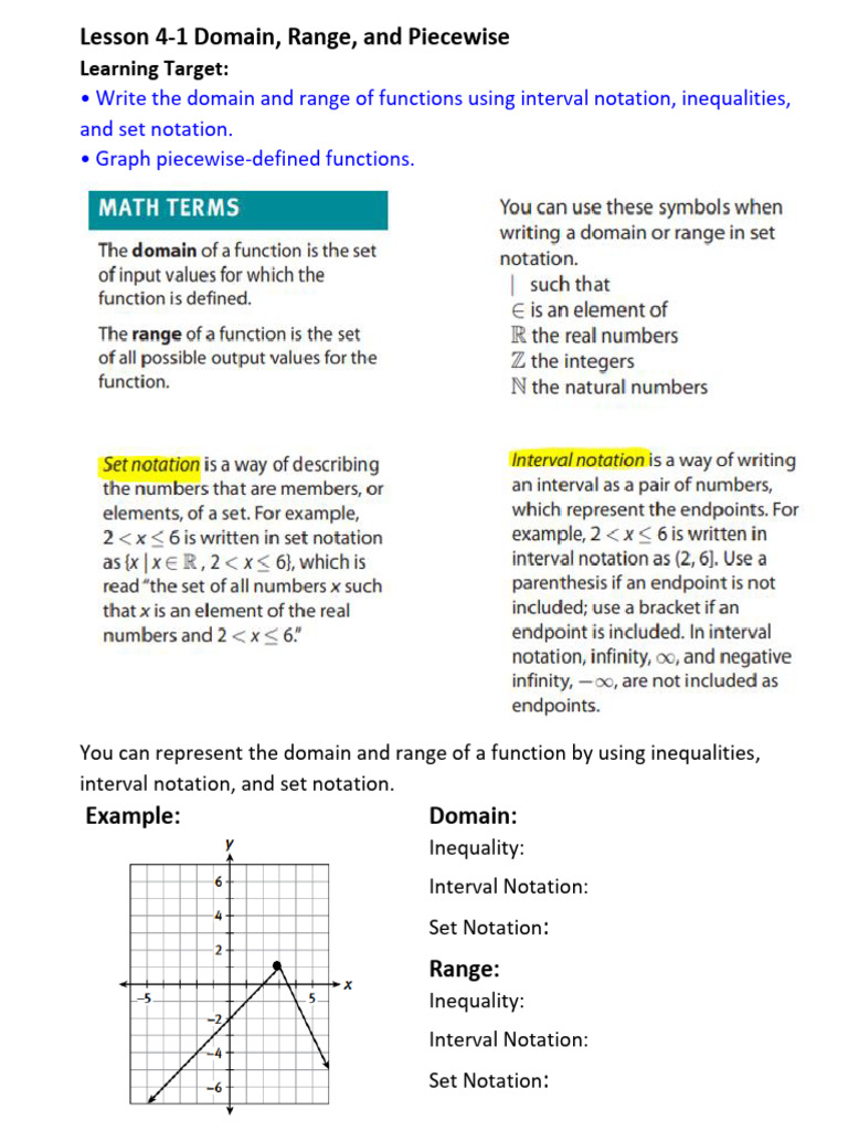 4-1 Lesson Domain Range Piecewise | PDF | Function (Mathematics ...