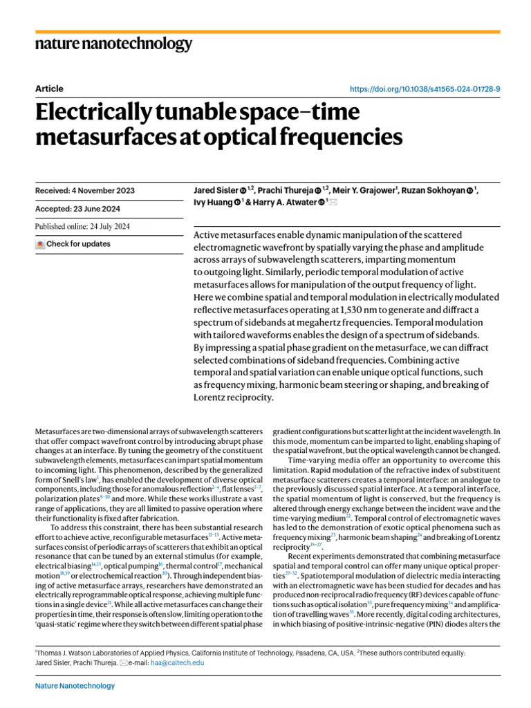 Electrically tunable space–time metasurfaces at optical frequencies | PDF | Metamaterial ...