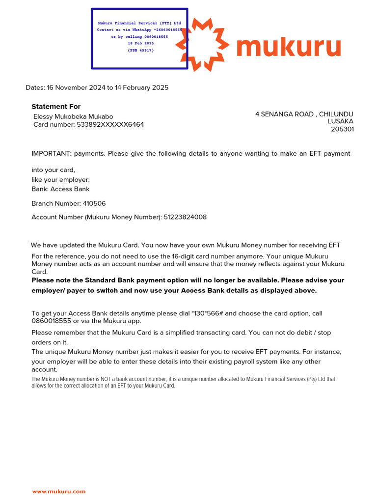 Mukuru Card EFT Payment Details | PDF | Payments | Banks