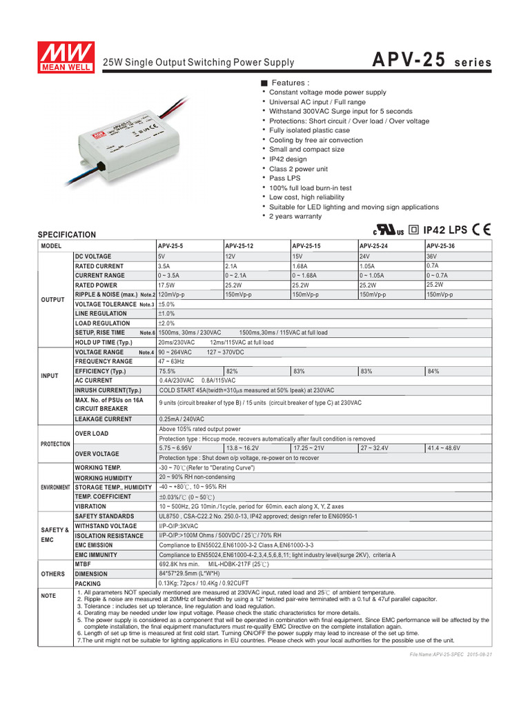 Fiche Technique - MEANWELL APV 25 24 | PDF | Power Supply | Rectifier